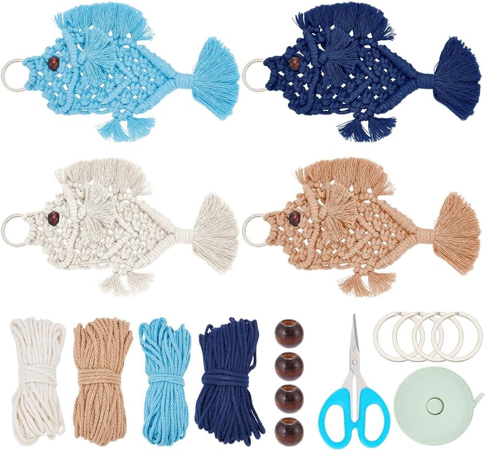 4 Set Macrame Keychain Kit Fish Boho Keychain Ornament Macrame Keychain with Video Tutorial DIY ...