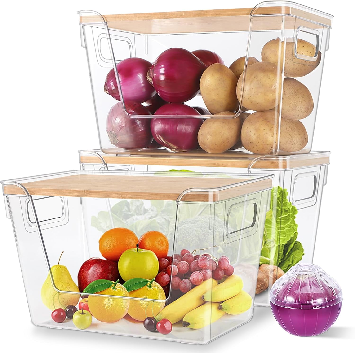 4 Set Pantry Organizers and Storage Containers with Bamboo Lids & Onion ...