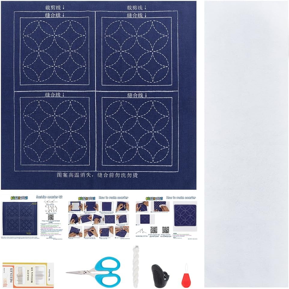 4 Set Sashiko Coaster Sashiko Kit with Full Sashiko Supplies Embroidery Practice Kit Sashiko ...