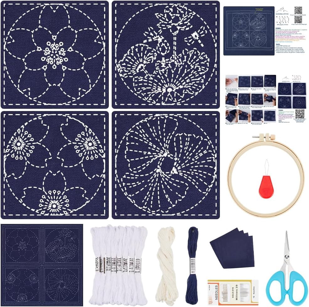 4 Set Sashiko Coasters DIY Kit with Instructions Pre- Printed Sashiko ...