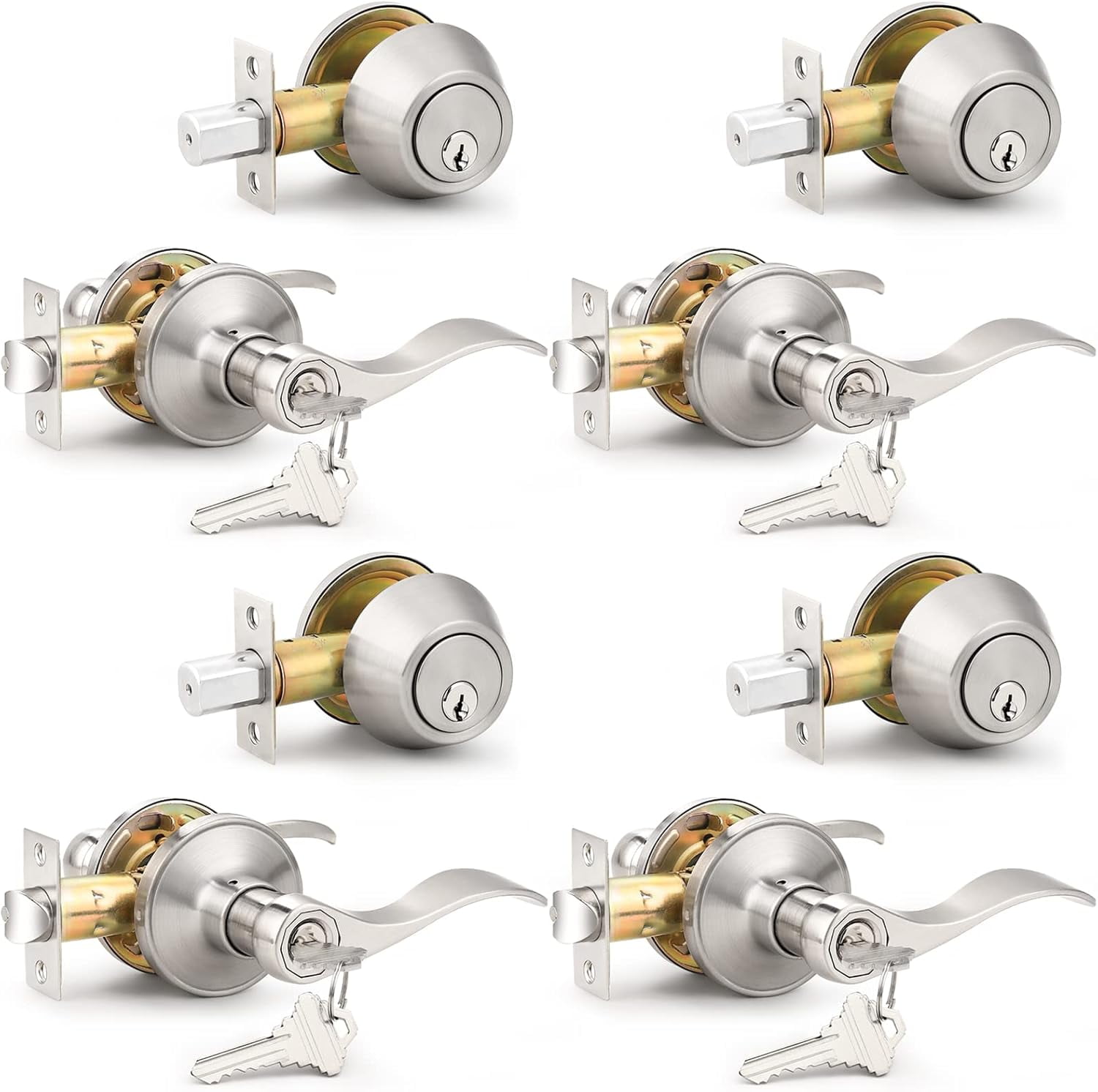 4 Set of Satin Nickel Exterior Entry Lever and Single Cylinder Deadbolt ...