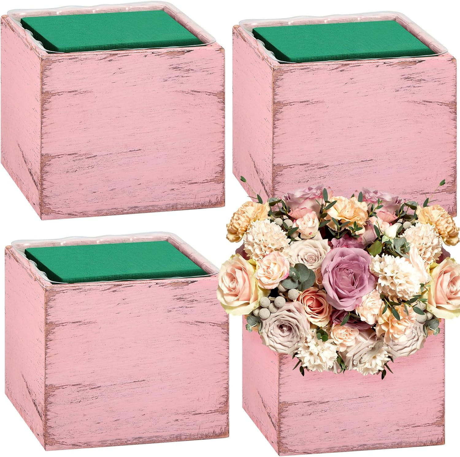 4 Set Wood Cube Planter Box Square Wood Vase Rustic Cube Planter Box ...