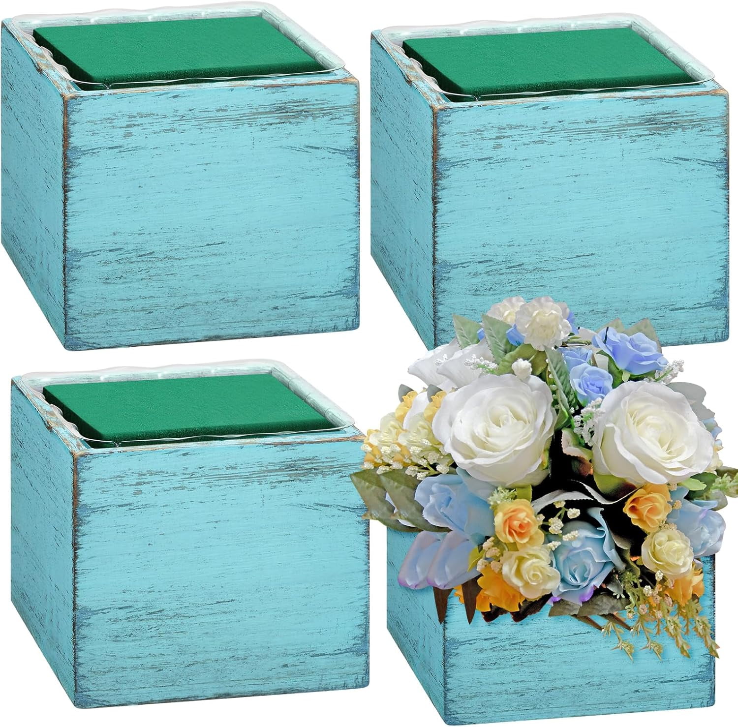 4 Set Wood Cube Planter Box Square Wood Vase Rustic Cube Planter Box ...
