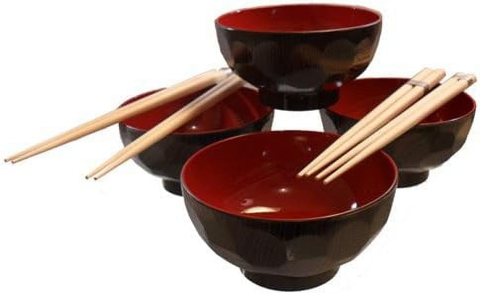 4 Set of Traditional Japanese Black & Red Rice Bowl Set with Chopstick ...