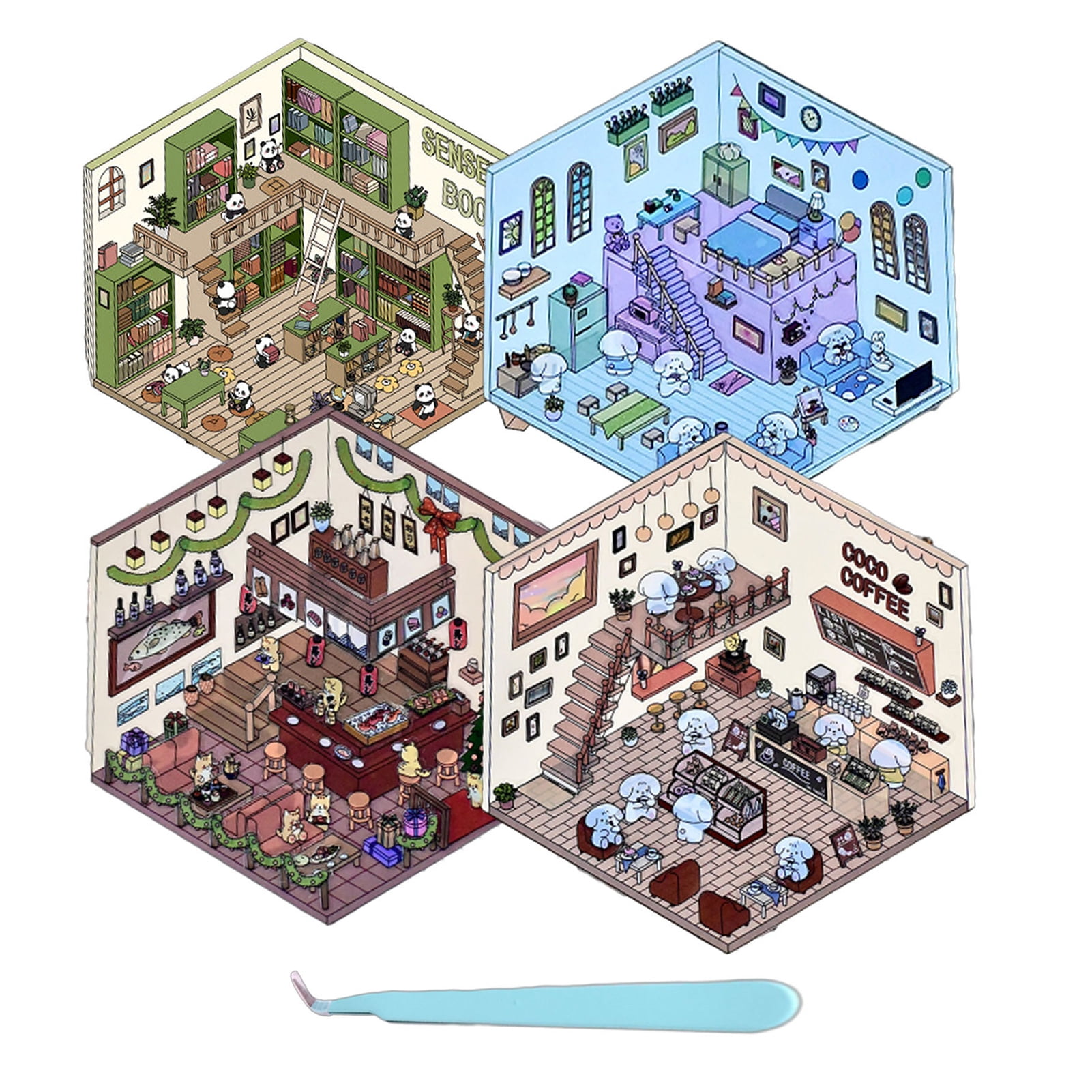 4 Sets 3D Scene Stickers Reusable Adjustable DIY Cat Cafe House ...