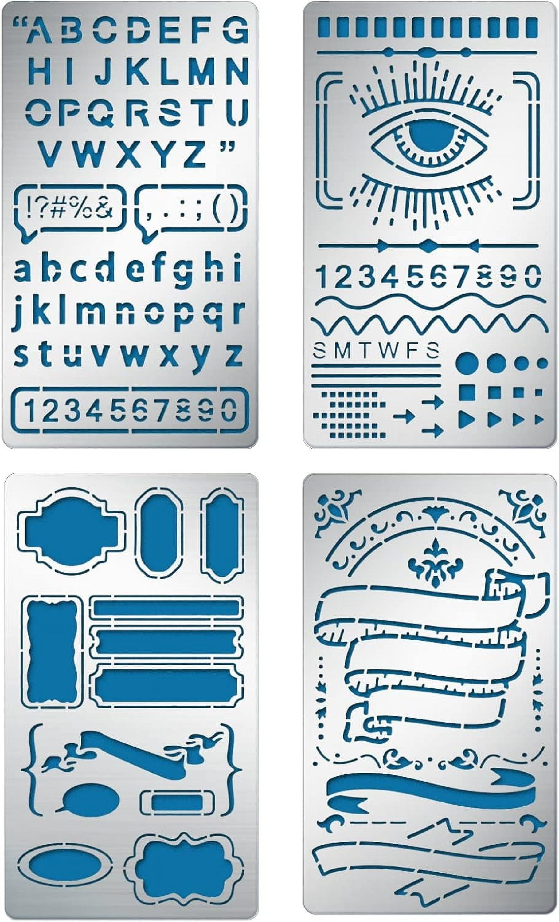 4 Sets 7x4 Inch Alphabet Symbols Metal Stencil 4 Styles Pattern Metal ...