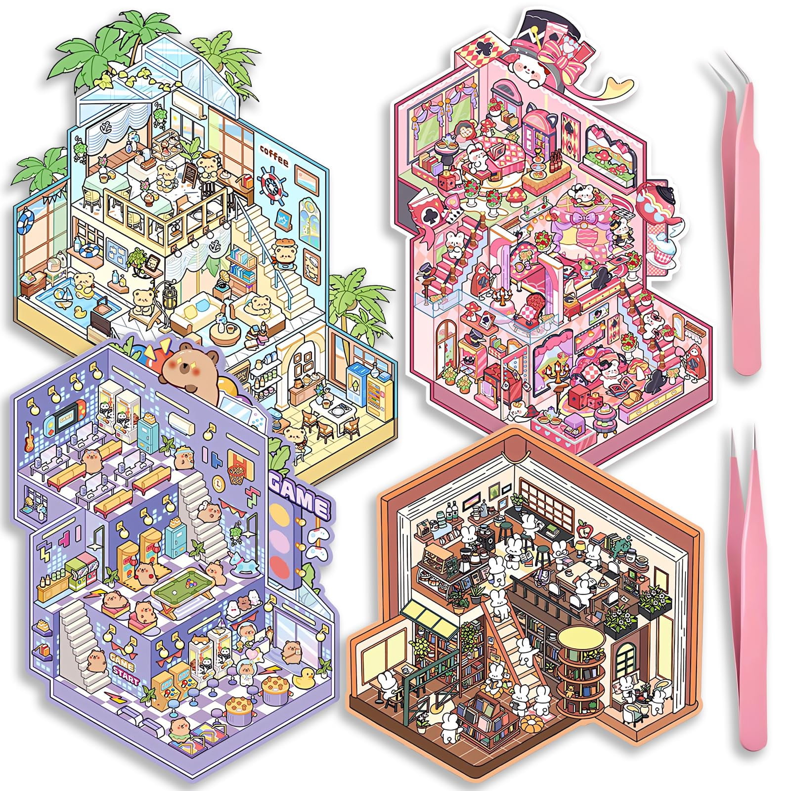 4 Sets Big DIY 3D Sticker Scene Isometric Miniature Room Sticker Book ...