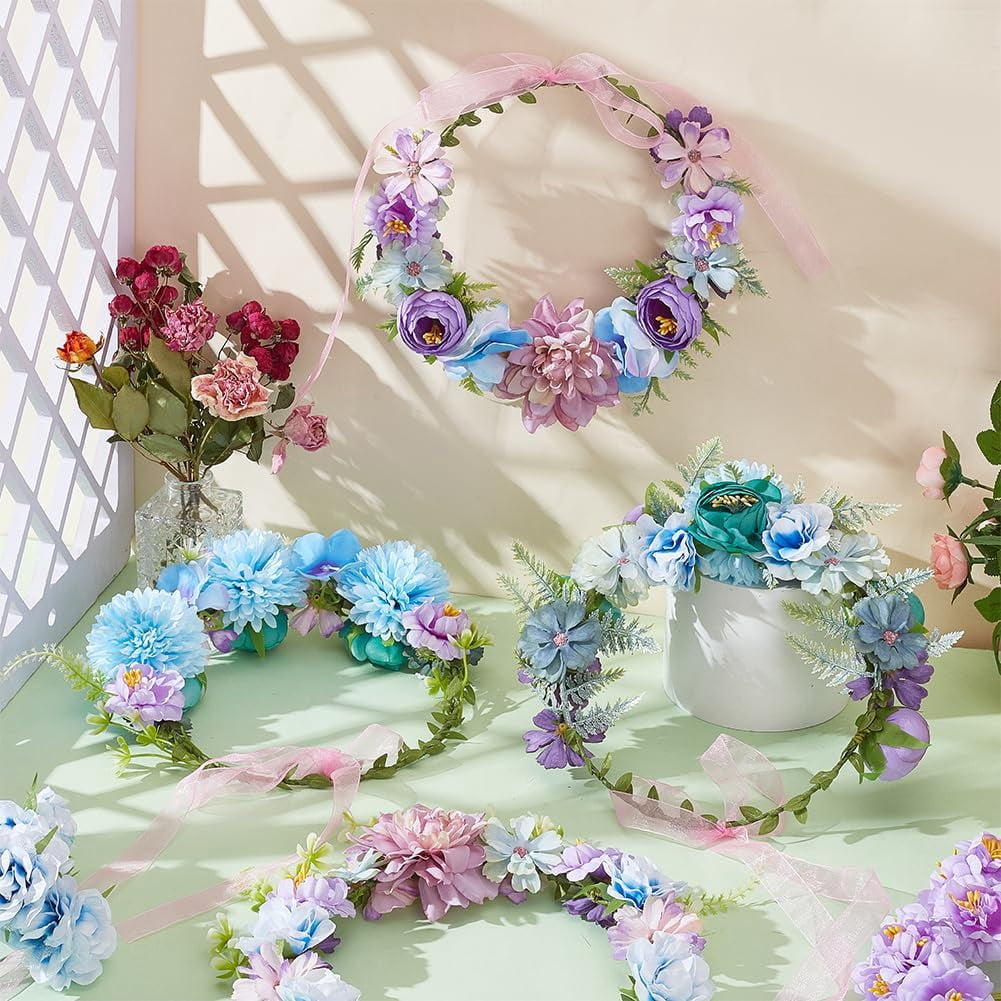 4 Sets Blue Purple Flower Crowns Making Kit Women Girls DIY Headband ...