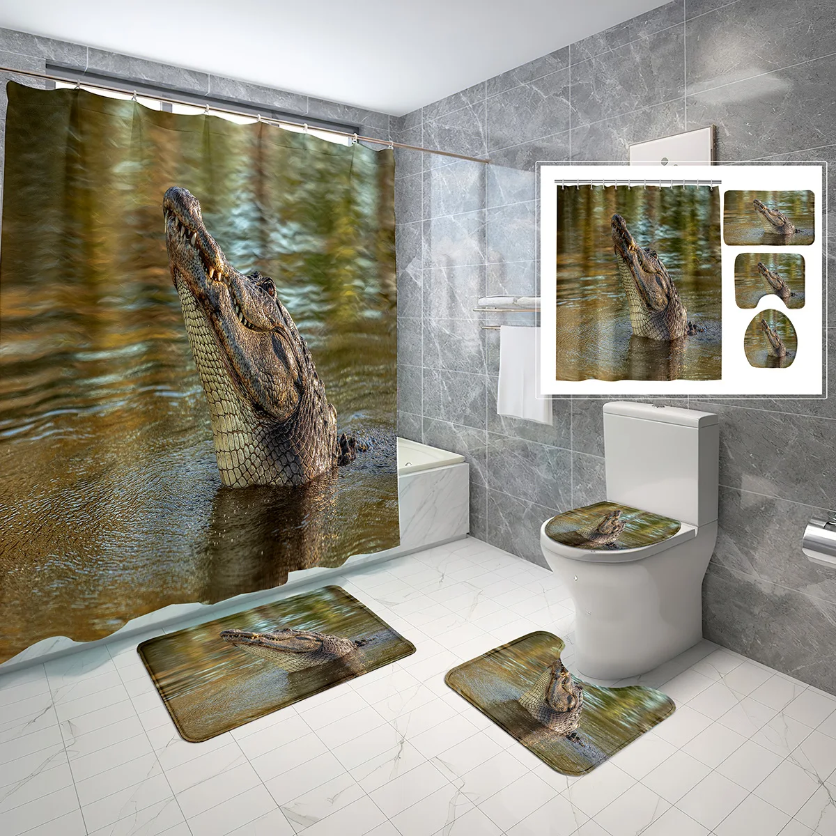 4 Sets Crocodile Shower Curtain Sets with Non-Slip Bath Mat Toilet Lid ...