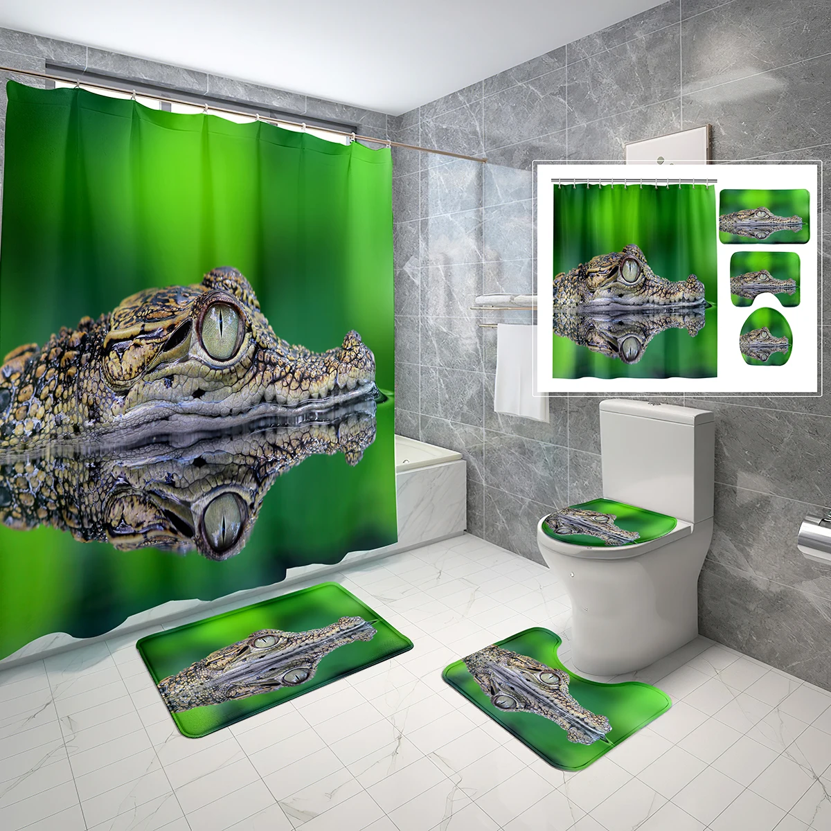 4 Sets Crocodile Shower Curtain Sets with Non-Slip Bath Mat Toilet Lid ...