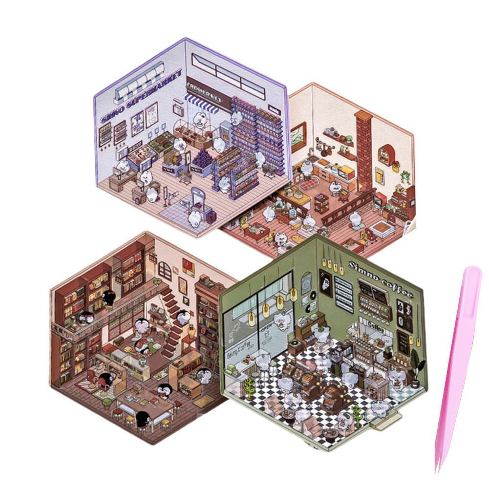 4 Sets DIY 3D House Stickers,DIY Scene Stickers Your Own SupermarketCoffee ...