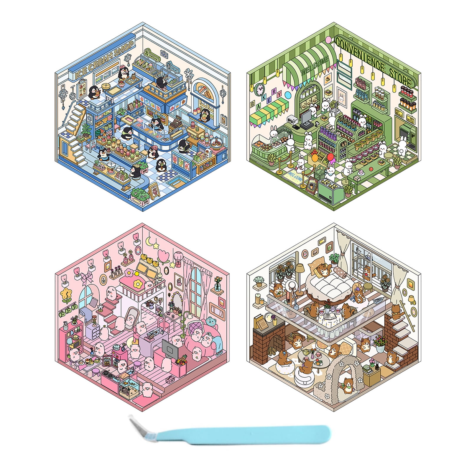 4 Sets DIY 3D House Stickers Reusable Korean Stickers Miniature Scene ...