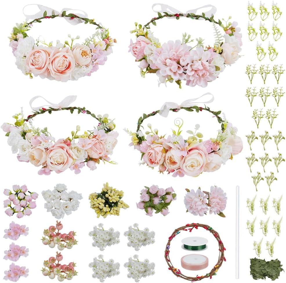 4 Sets DIY Flower Crown Kit, White and Pink Floral Crown Craft Kit ...