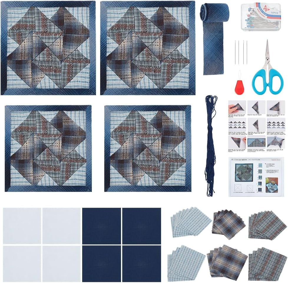 4 Sets DIY Sashiko Kit Sashiko Patchwork Coasters Kit Sashiko Practice Project Kit with ...