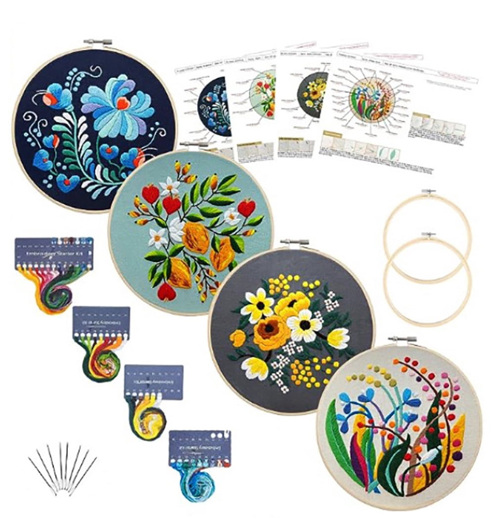 4 Sets of Embroidery Kit for Beginners Flowers Embroidery Hanging ...