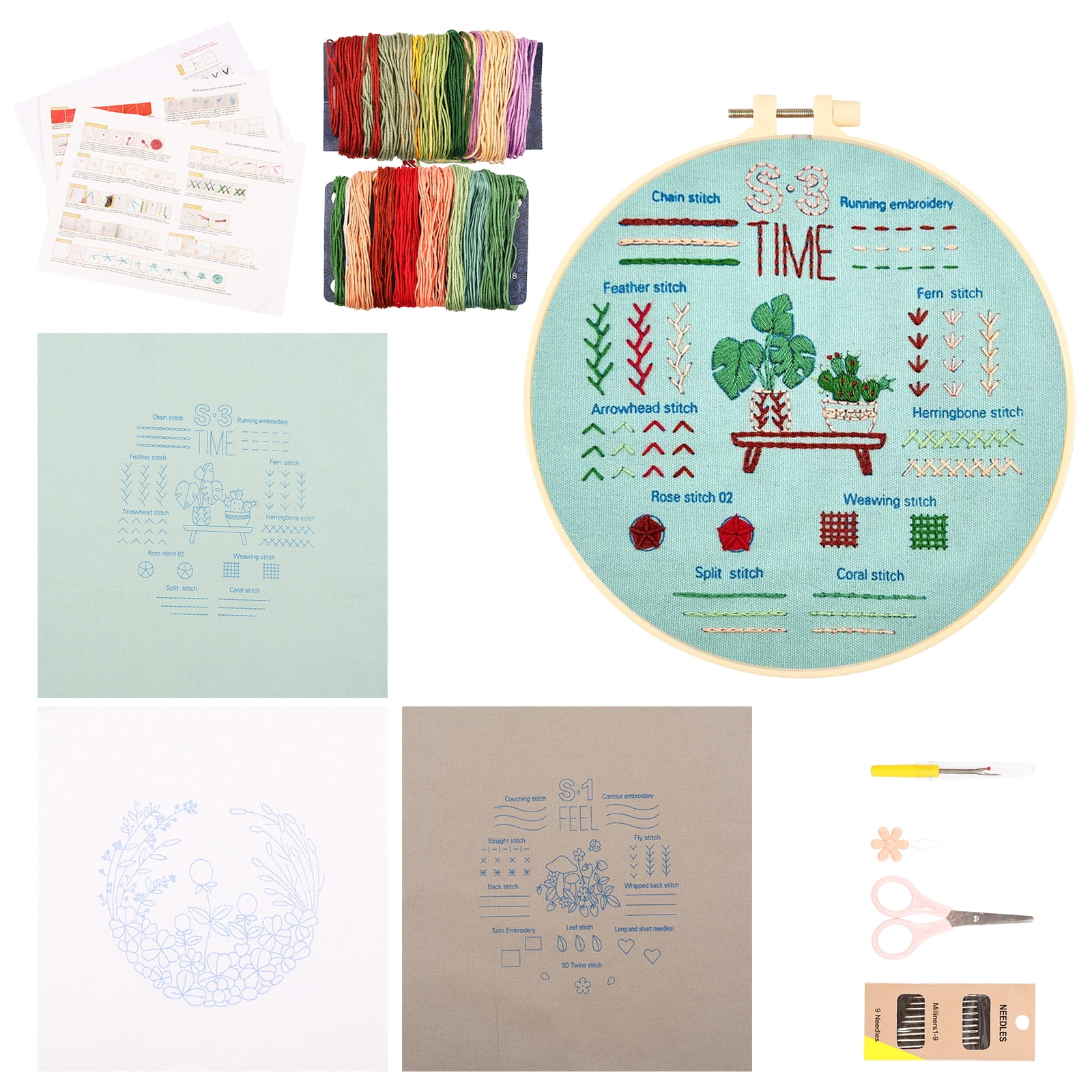 4 Sets Embroidery Kit Including Embroidery Cloth with Pattern Complete ...