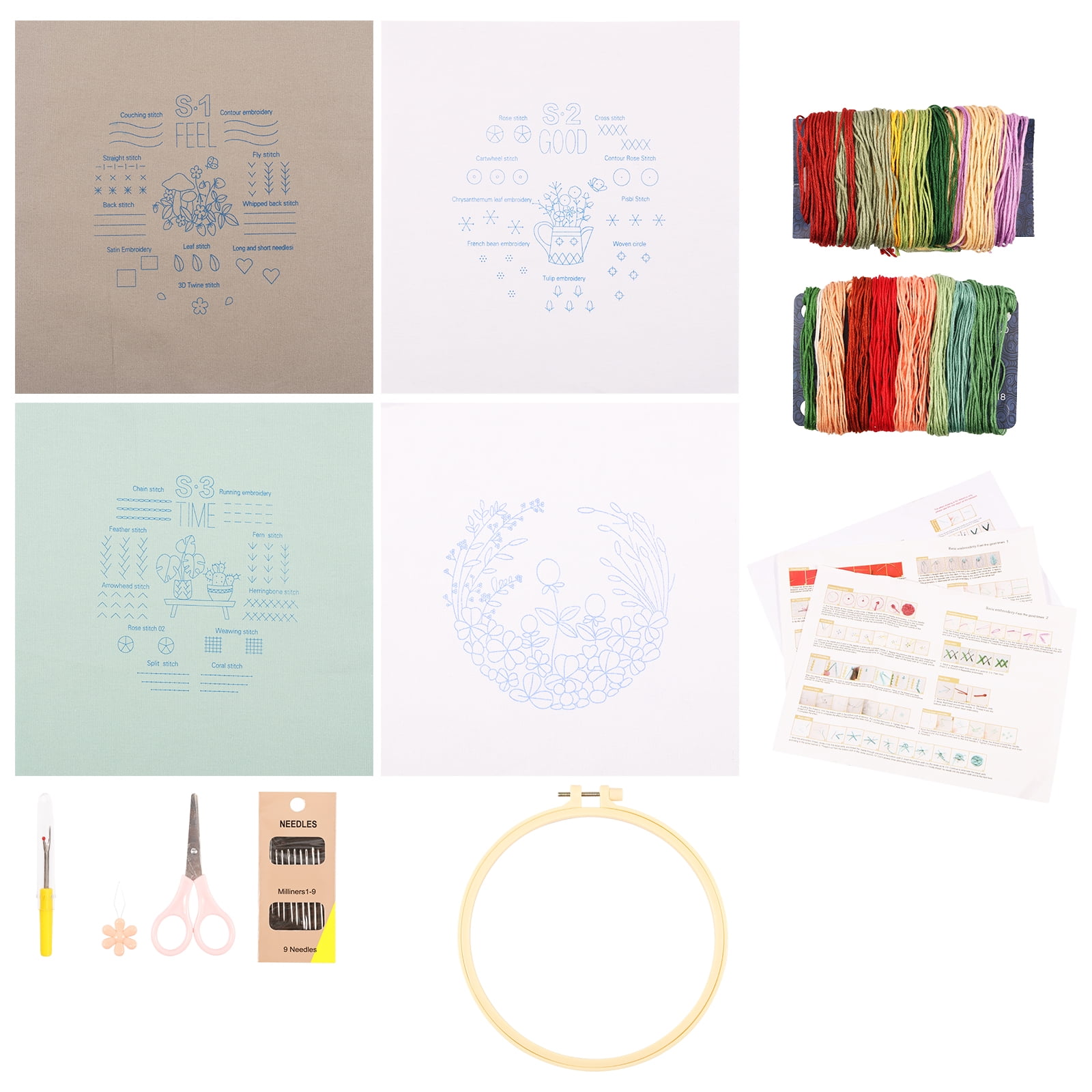 4 Sets Embroidery Kit Including Embroidery Cloth with Pattern Complete ...