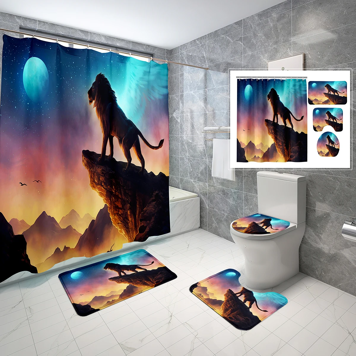 4 Sets Fantasy Lion Shower Curtain Sets with Non-Slip Bath Mat Toilet ...
