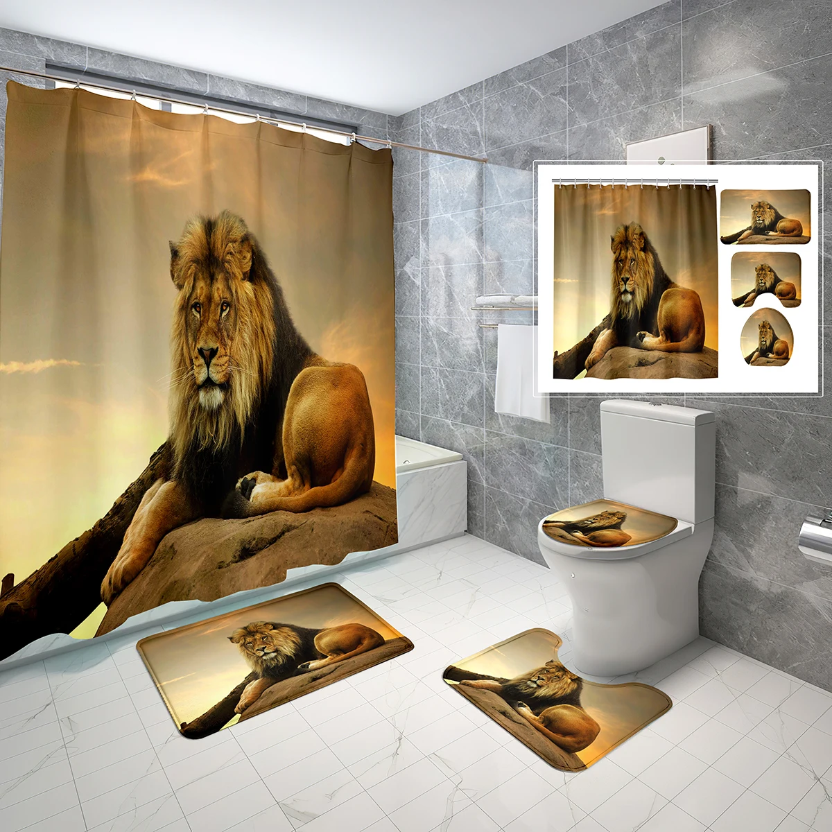4 Sets Fantasy Lion Shower Curtain Sets with Non-Slip Bath Mat Toilet ...