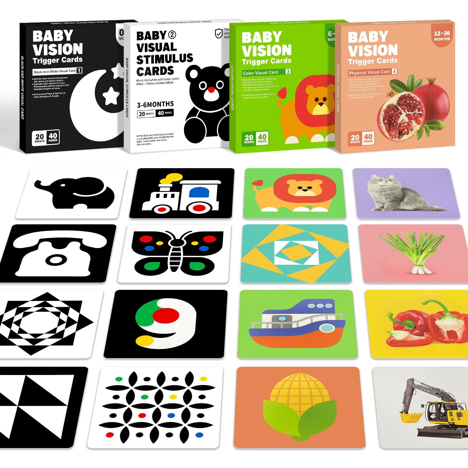 4 Sets High Contrast Baby Cards, 80 Pcs 160 Page Black White Colorful ...