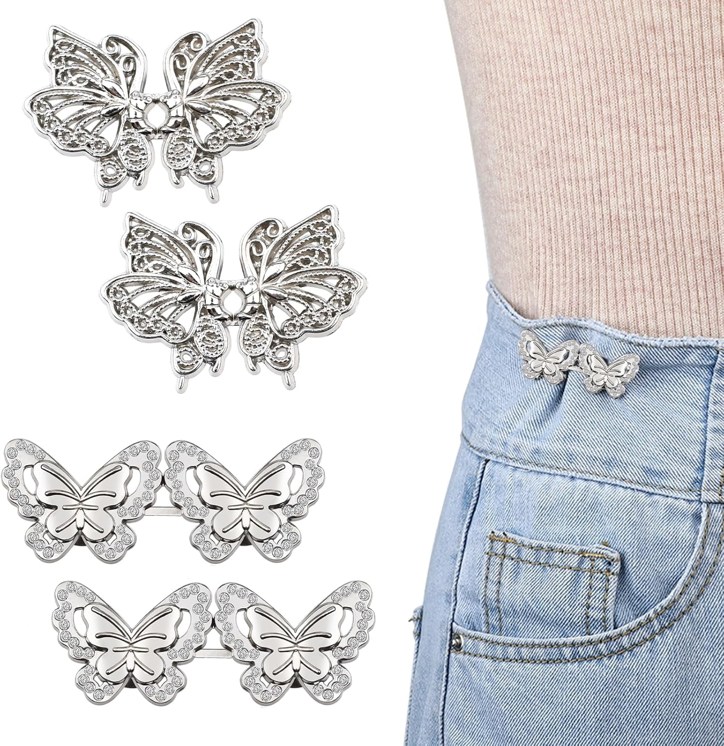 4 Sets Pant Waist Tightener Metal Butterfly Jeans Buttons Pins for ...