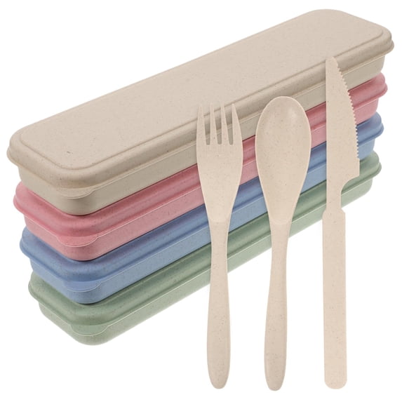 4 Sets Portable Travel Tableware Set with Reusable Wheat Straw Forks ...