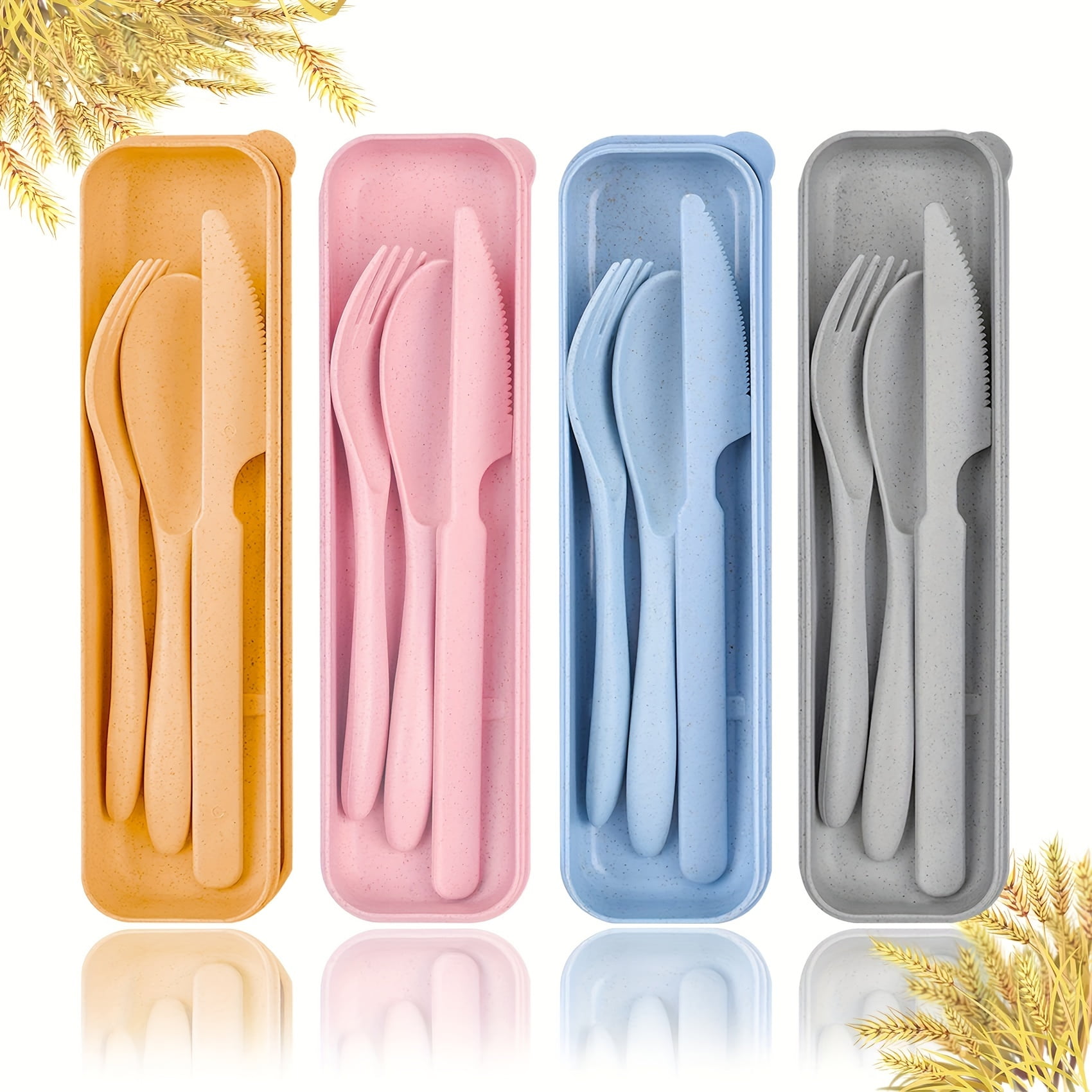 4 Sets Reusable Wheat Straw Utensils Set With Case, Portable Cutlery Set Knives Fork And Spoon ...