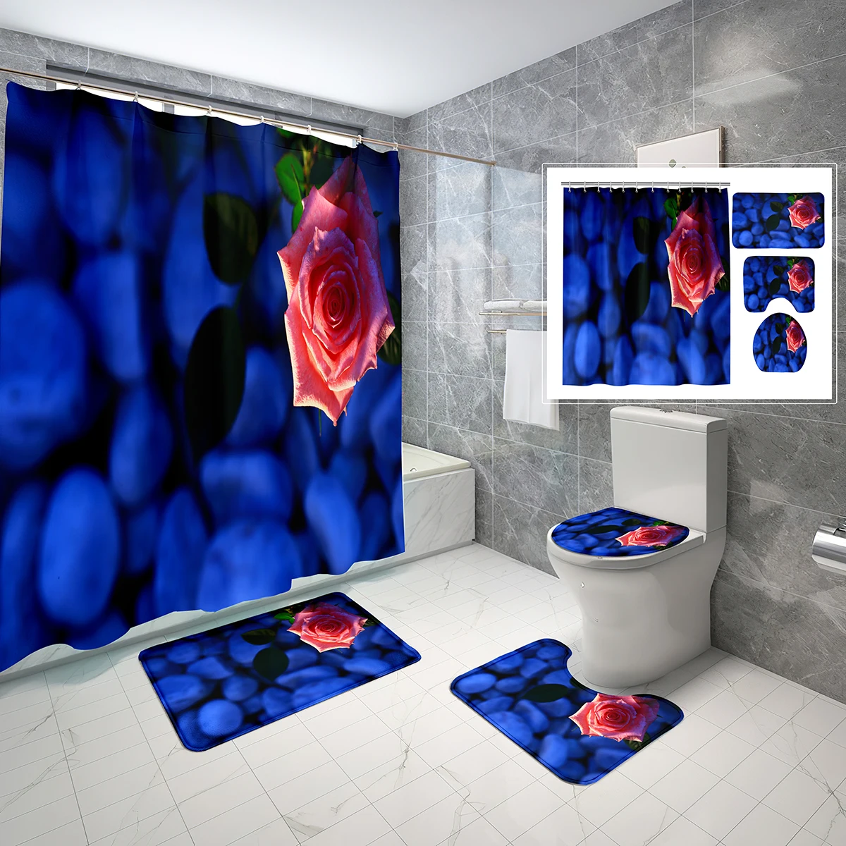 4 Sets Rose Theme Shower Curtain Sets with Non-Slip Bath Mat Toilet Lid ...