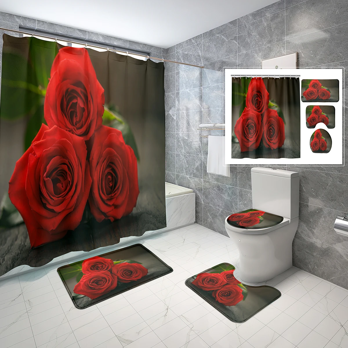 4 Sets Rose Theme Shower Curtain Sets with Non-Slip Bath Mat Toilet Lid ...