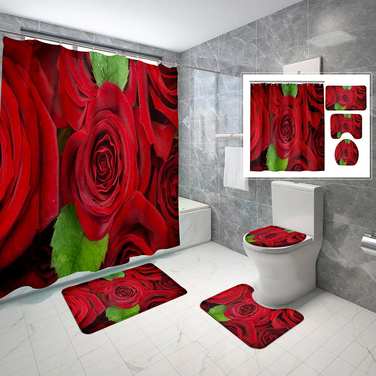 4 Sets Rose Theme Shower Curtain Sets with Non-Slip Bath Mat Toilet Lid ...