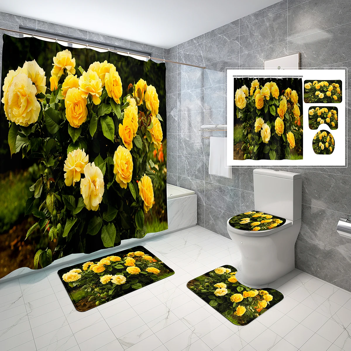 4 Sets Rose Theme Shower Curtain Sets with Non-Slip Bath Mat Toilet Lid ...
