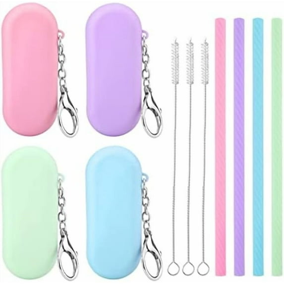 4 Sets Silicone Reusable Straws with Case - Foldable, Portable Drinking ...