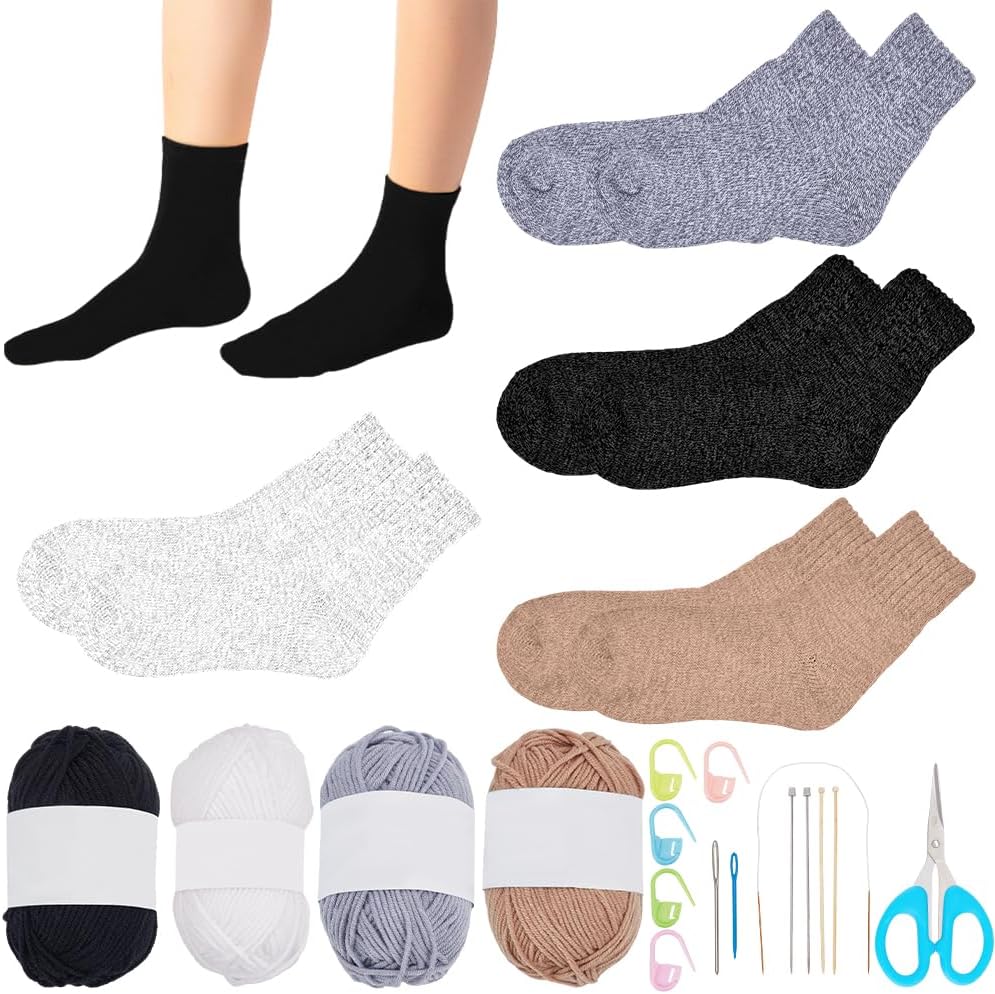 4 Sets Socks Knitting Kit Complete DIY Knitting Set with Premium Yarn ...