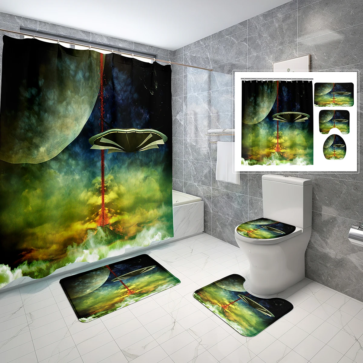 4 Sets UFO Shower Curtain Sets with Non-Slip Bath Mat Toilet Lid Cover ...