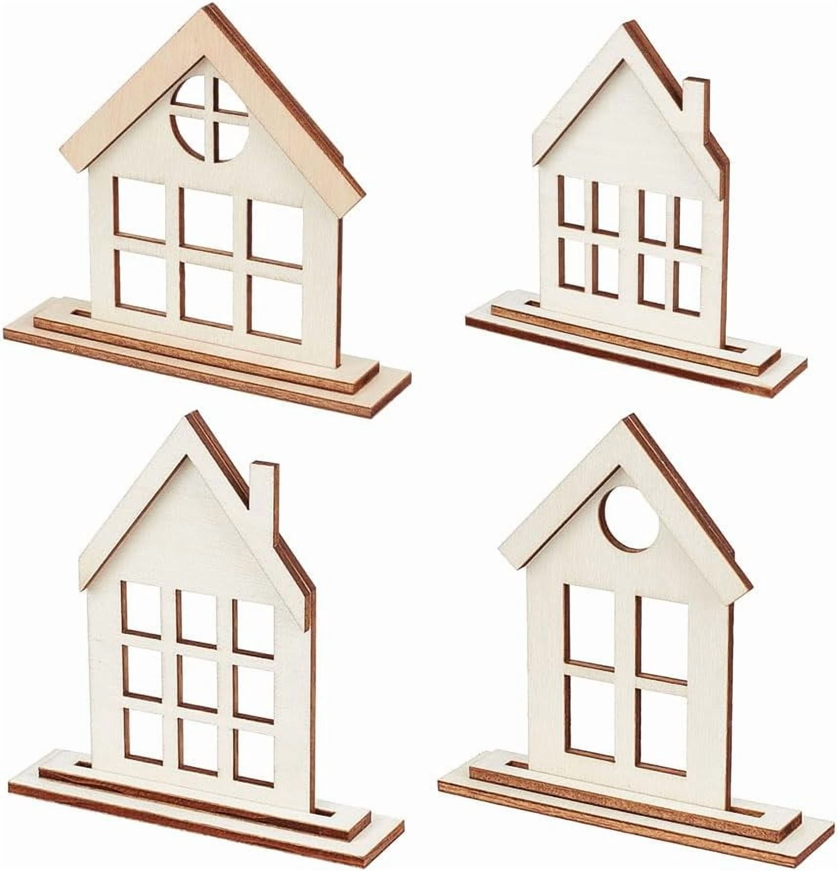 4 Sets Wooden House Shaped Ornaments 4-Style Unfinished Wooden House ...