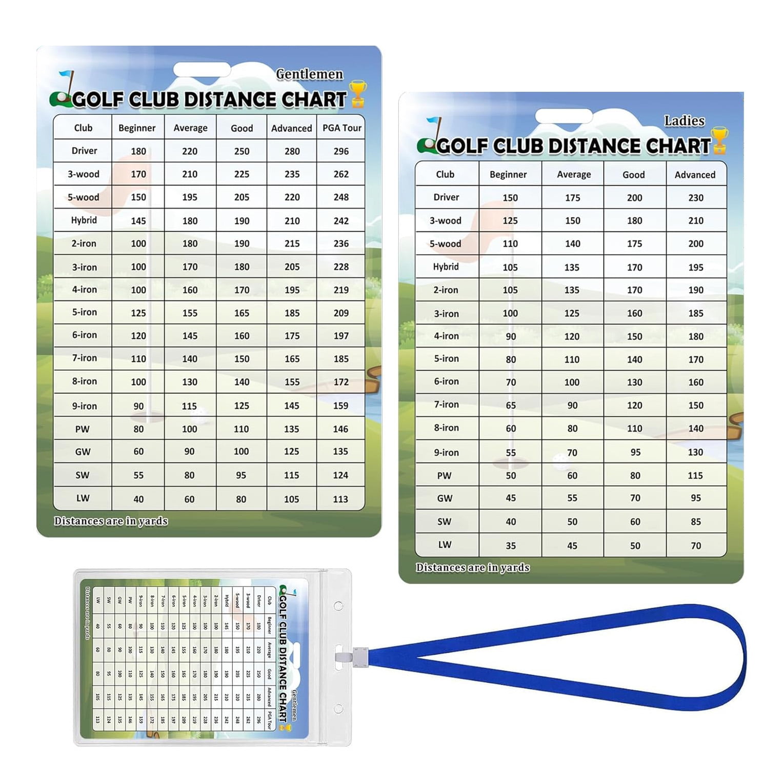 4 Sets of Gentleman Ladies Golf Club Range Chart Card 3.5x5 Inch Golf ...