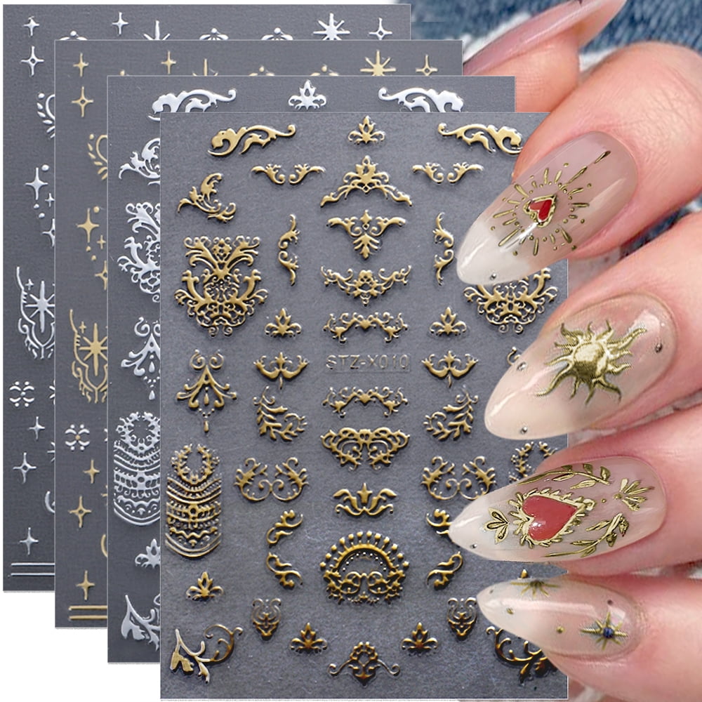 4 Sheet Sun Moon Star Nail Stickers, 3D Gold Silver Stars Nail Decals ...