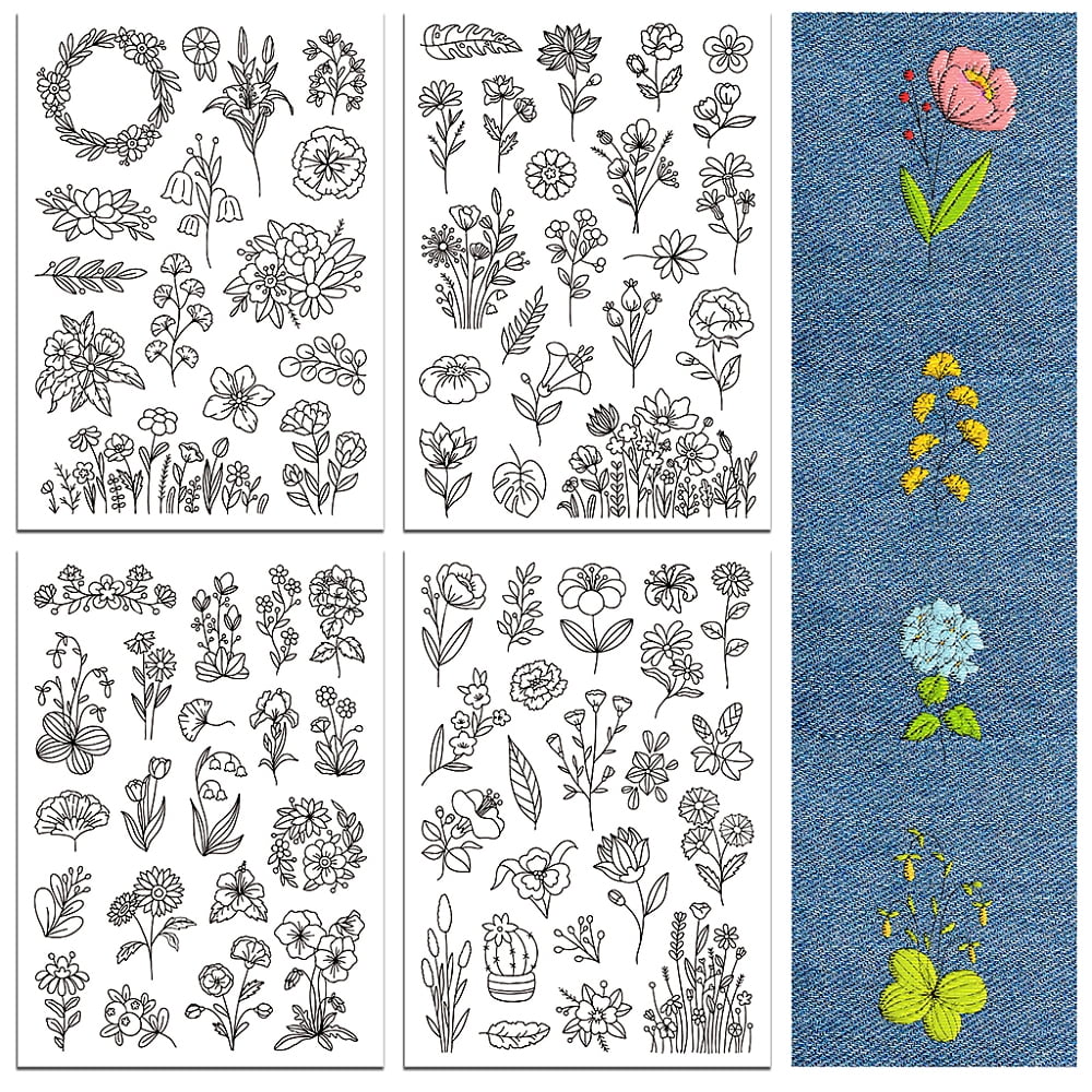 4 Sheets 11.6x8.2 Inch Stick and Stitch Embroidery Patterns Non-woven ...
