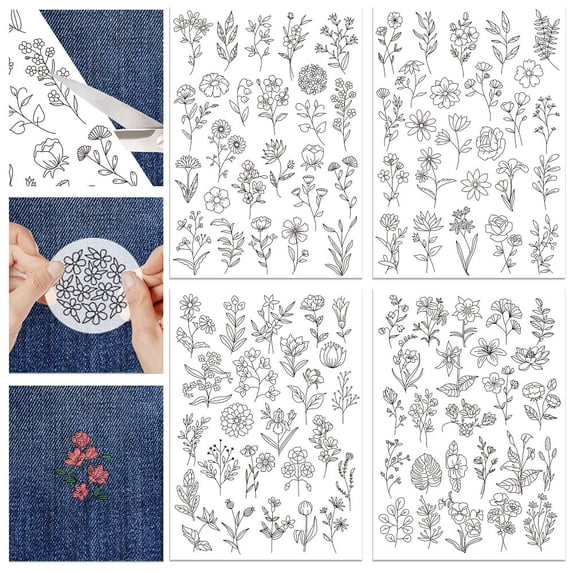 4 Sheets 11.6x8.2 Inch Stick and Stitch Embroidery Patterns Non-woven ...