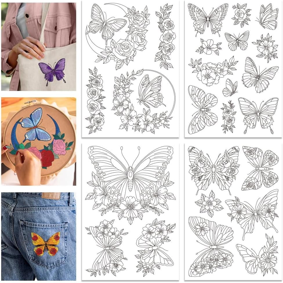 4 Sheets 11.7x8.3inch Butterfly Flower Stick and Stitch Water Soluble ...