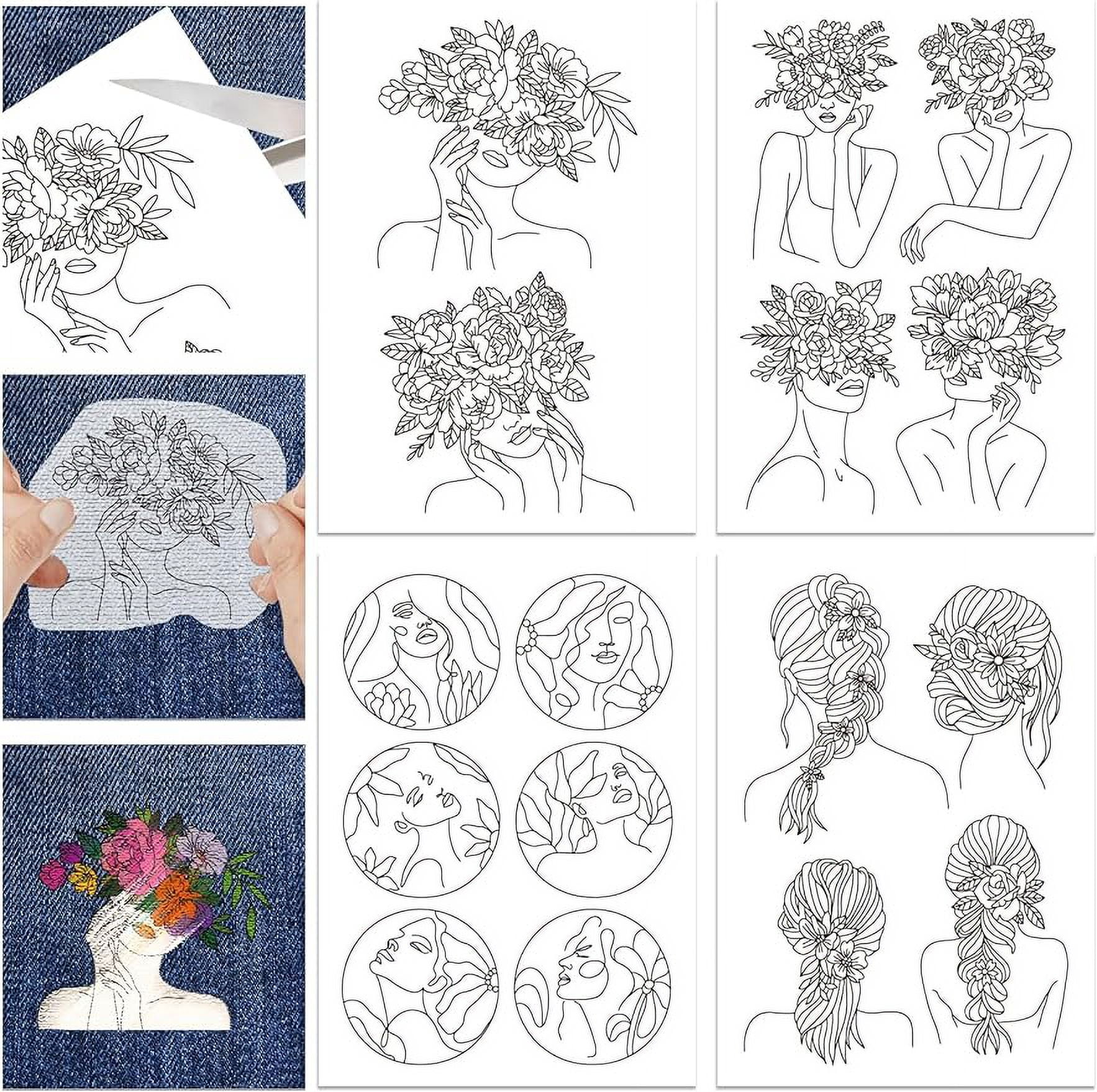 4 Sheets 16Pcs Flower and Lady Water Soluble Stabilizer Hand Sewing ...