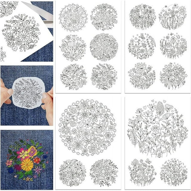 4 Sheets 18Pcs Round Wildflower Water Soluble Stabilizer Hand Sewing ...