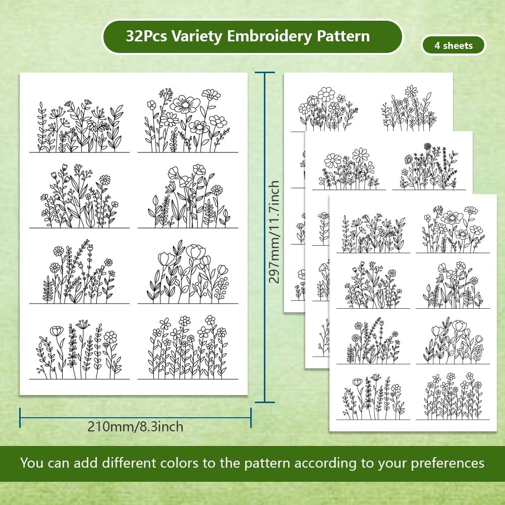 4 Sheets 32 Pcs Flowers Water Soluble Embroidery Patterns, Stick and ...