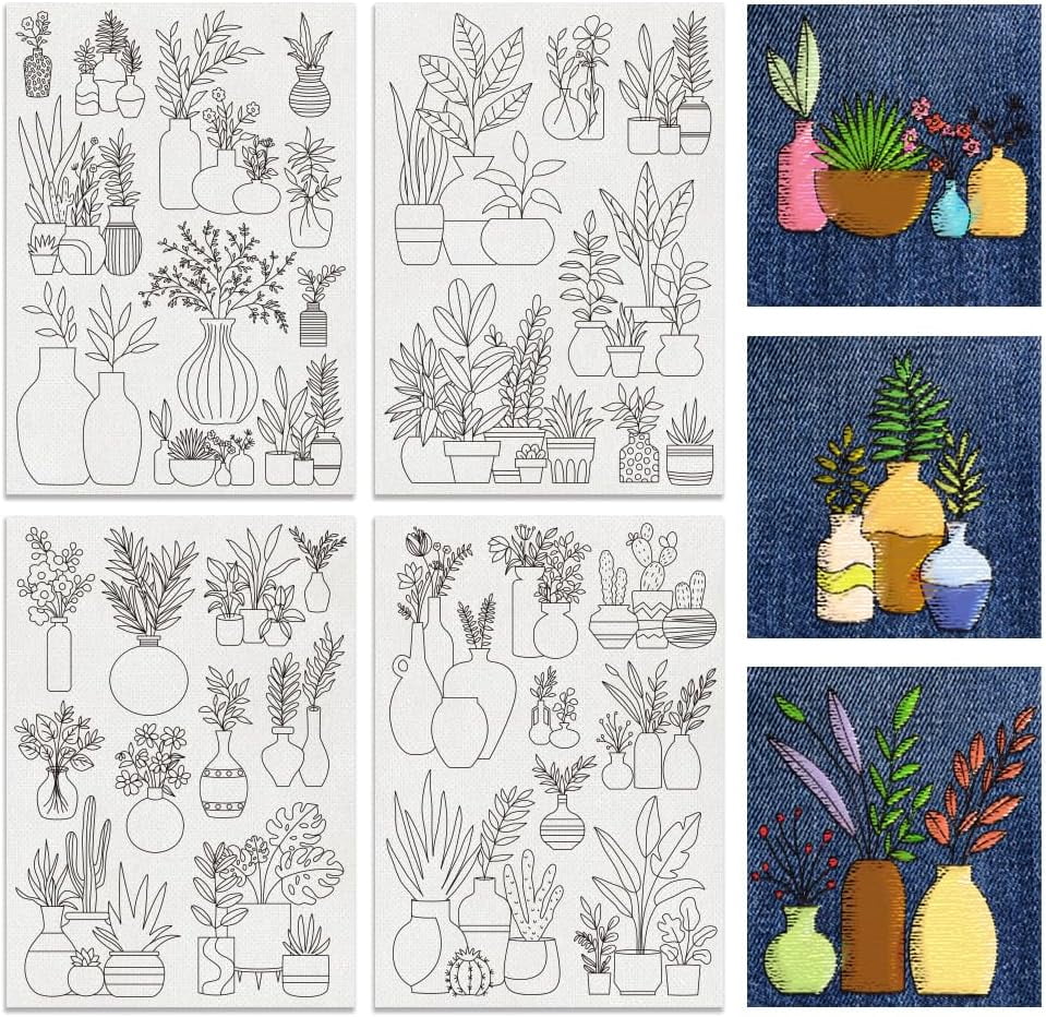 4 Sheets 34 Pcs Vase Water Soluble Embroidery Pattern Flower Stick and ...