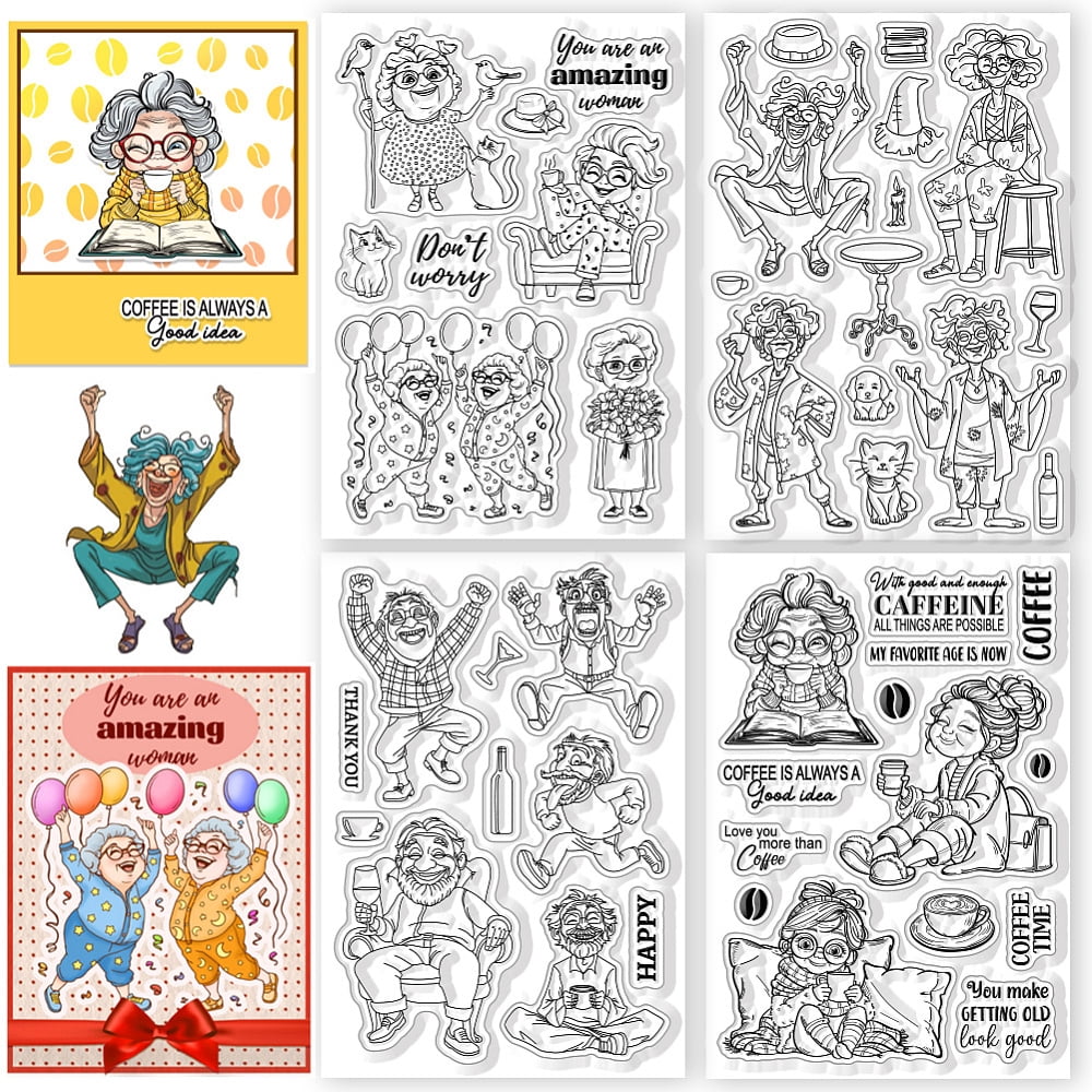 4 Sheets 4 Styles Retro Funny Grandma Style Clear Stamps Funny Old Man ...