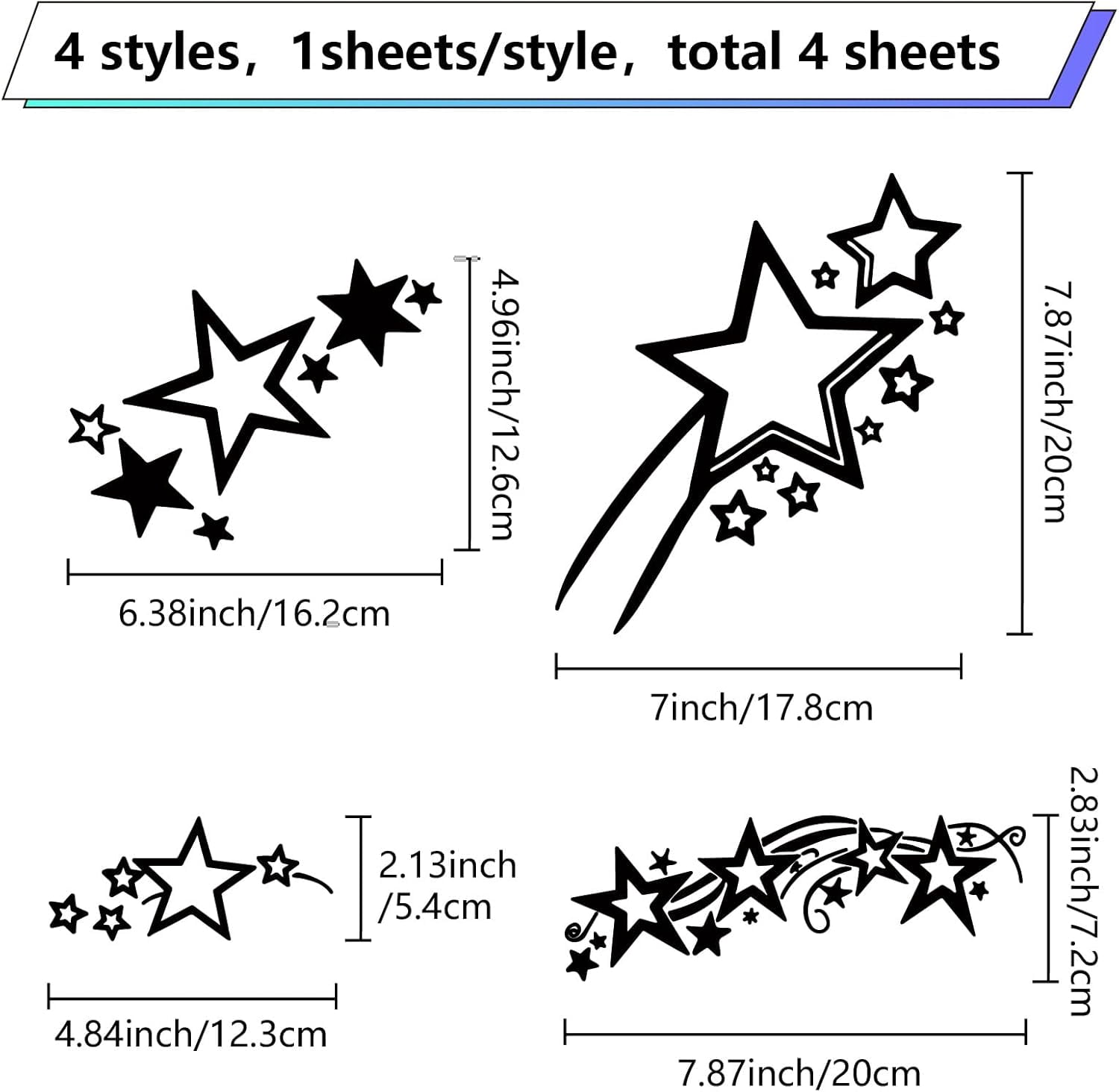 4 Sheets 4 Styles Star Car Decal Black Plastic Waterproof Reflective ...