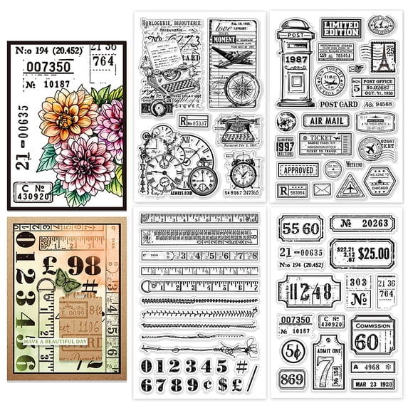 4 Sheets 4 Styles Vintage Stamps Clear Stamps Tape Measure Transparent ...
