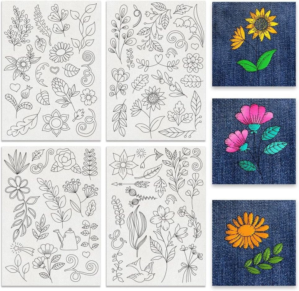 4 Sheets 74Pcs Plant Water Soluble Embroidery Patterns 11.7x8.3Inch ...