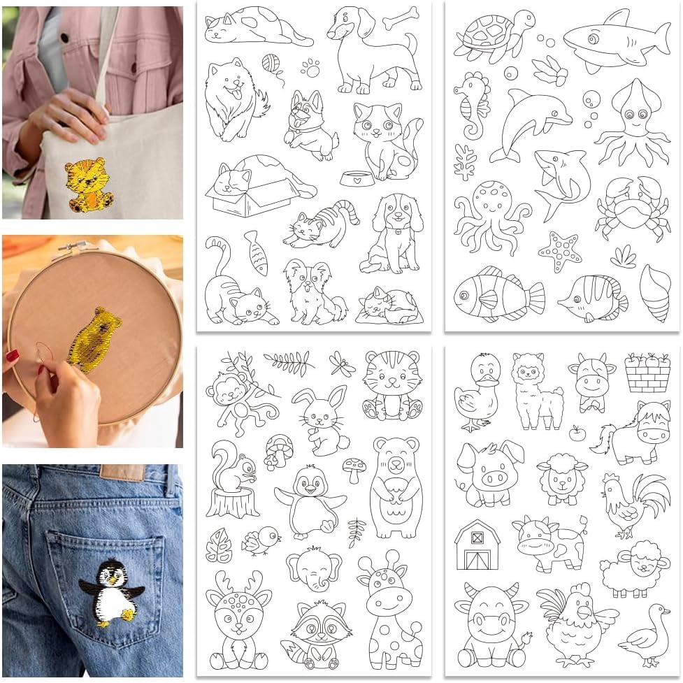 4 Sheets Animals Water Soluble Stabilizer Hand Embroidery Cat Dog Pig ...