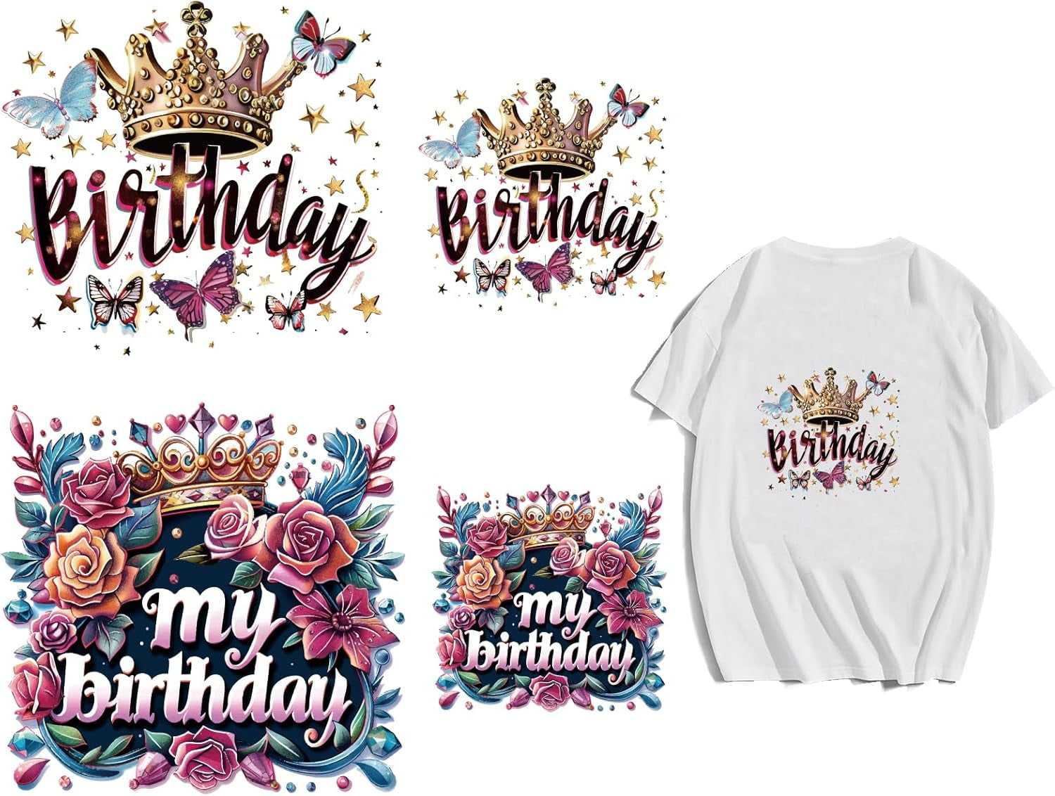 4 Sheets My Birthday Iron on Decals Patches Crown Flower Butterfly Iron ...